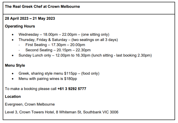 Crown Melbourne to host return of The Real Greek Chef – The Greek Herald
